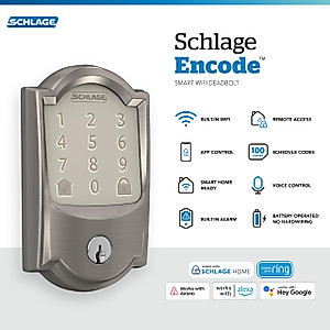 Schlage Encode Smart Wi-Fi Deadbolt with Camelot Trim in Satin Nickel