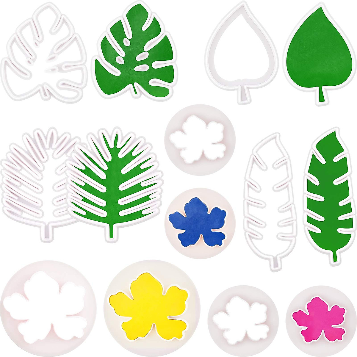 14 Pieces Tropical Leaf Cutters Hawaiian Flower Cutters Plastic Palm Cookie Cutters Flower Leaves Fondant Cutter Palm Cake Embossing Mold for Sugarcraft Biscuit Cake Decoration Summer Beach Party