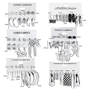 JMScape 37 Pairs Silver Hoop Earrings Set for Women Multipack Fashion Drop Dangle Earring Packs Pearl Studs Butterfly Earrings Hypoallergenic Chunky Hoops Jewelry for Valentine's Day Gifts