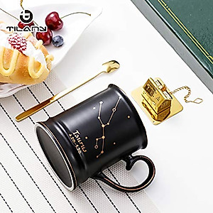 TILANY Ceramic Coffee Mug With Constellation Design - Black Tea Mugs With Golden Spoon & Tea Infuser - Large Porcelain Cups - Coffee Pottery Cup With Zodiac Sign - 13.5oz Cup Gift Set (Taurus)