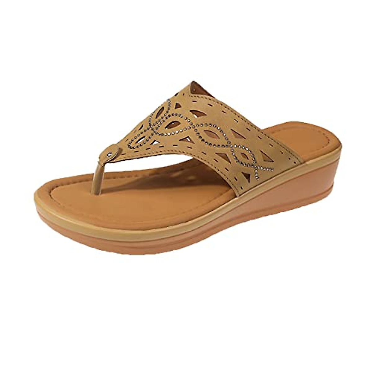 Ladies Fashion Summer Solid Leather Rhinestone Decorative Clamping Toe Slope Heel Casual Sandals for Women Wide Width (Brown, 8)