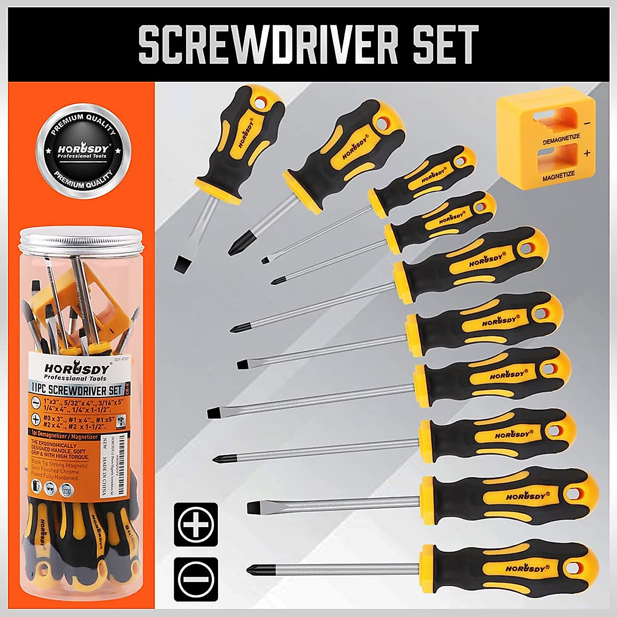 HORUSDY 11-Pieces Screwdriver Set, Magnetic 5 Phillips and 5 Flat Head Tips for Fastening and Loosening Seized