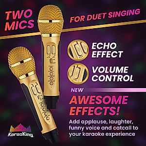 KaraoKing New 2020 Karaoke Machine – for Adults and Kids –2 Wireless Karaoke Microphone, SD Card, USB, Bluetooth Compatible, Lights Function– Home, Bachelor Party, Picnic, Outdoor/Indoor [G308 Gold]
