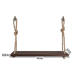 Yankario Rope Hanging Floating Shelves, Rustic Wood Wall Decor Swing Shelf with 4 Hooks, Pack of 2
