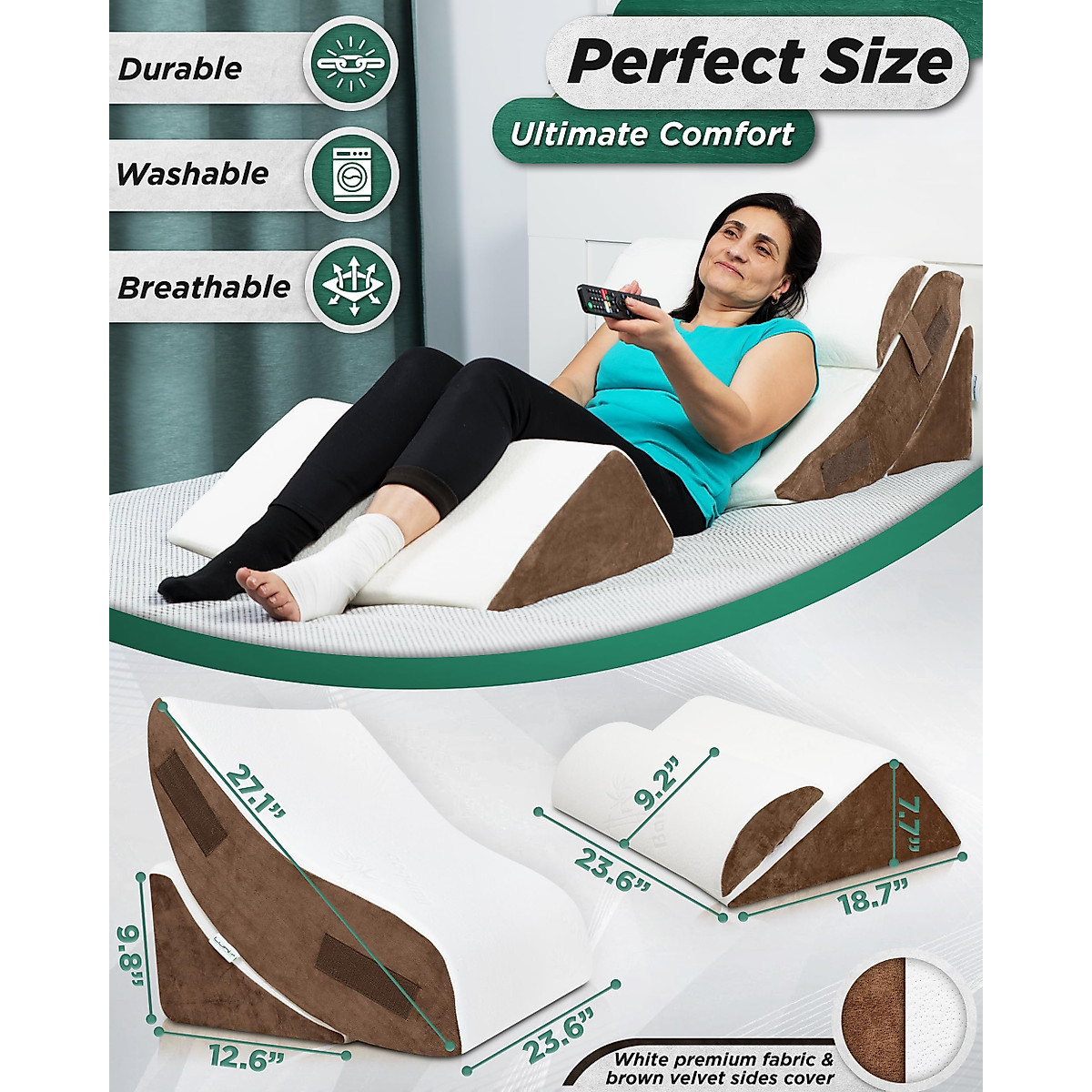 Lunix LX5 4pcs Orthopedic Bed Wedge Pillow Set, Post Surgery Memory Foam for Back, Leg Pain Relief, Sitting Pillow, Adjustable Pillows Acid Reflux and GERD for Sleeping, with Hot Cold Pack, Brown