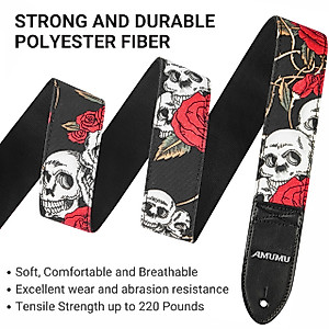 Amumu Rose SKull Guitar Strap -Extra-Long Leather Ends. Ideal for Electric and Acoustic Guitars, Bass Accessories.