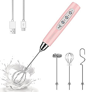 YUSWKO Milk Frother Handheld with 3 Heads, Coffee Whisk Drink Foam Mixer with USB Rechargeable 3 Speeds, Electric Hand Frother for Latte, Cappuccino, Hot Chocolate, Egg - Pink