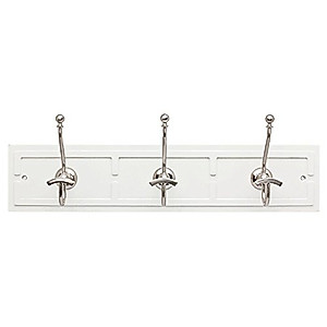 Liberty 22 inch Stylish Wall Mounted White and Satin Nickel Wardrobe Hook Rail/Coat Rack with 3 Pretty Dual Hanger Hooks for Coats, Hats, Scarves, Key • Extra Wide Hanging Space