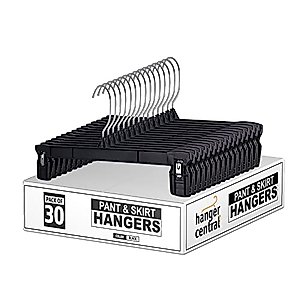 Hanger Central Space Saving 30 Pack, Heavy Duty Slim Plastic Pants Hangers, Ridged Non-Slip with Pinch Clips, 360-Rotating Chrome Swivel Hook, in Black, 10/12/14 Inch (12")