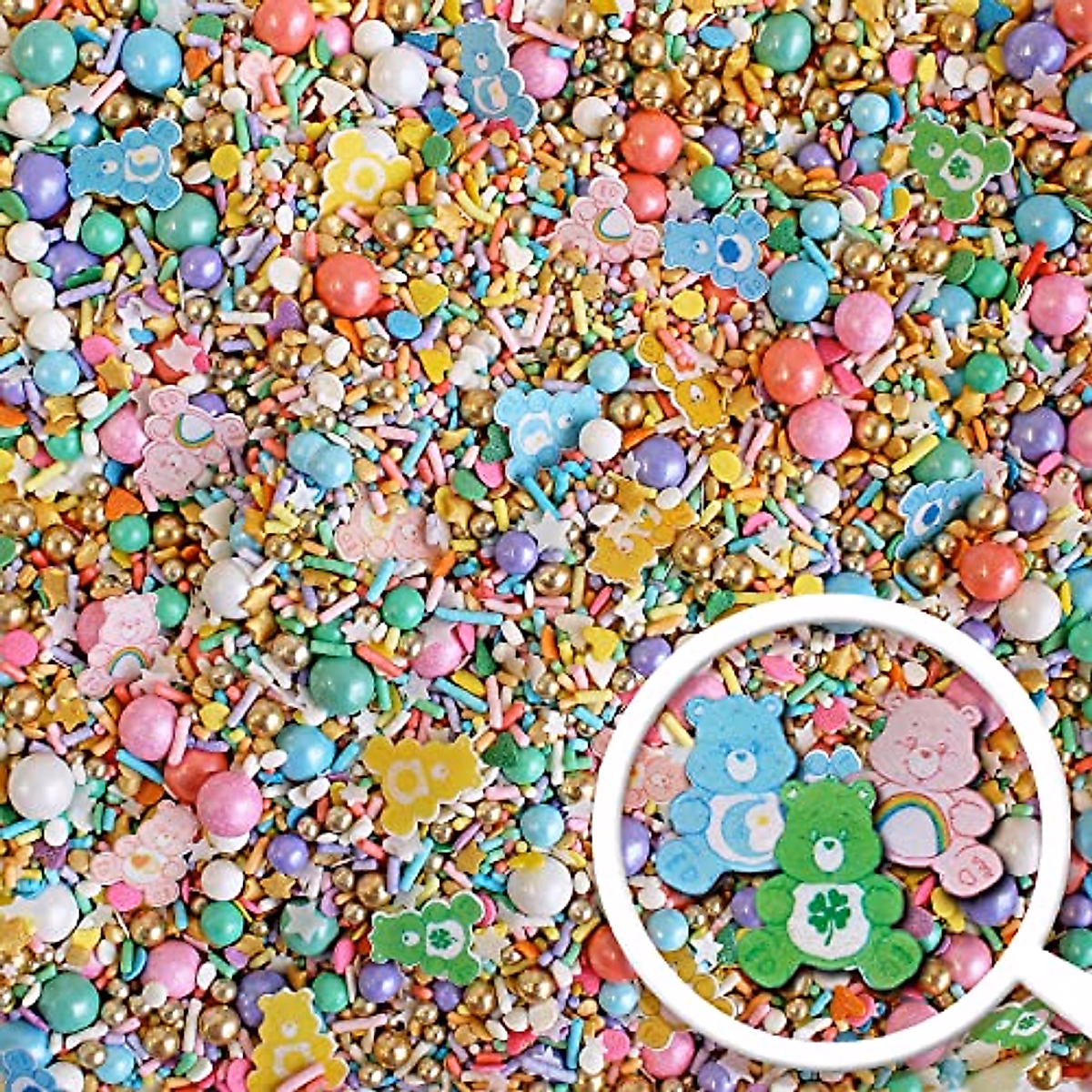 Care Bears® Sprinkle Mix| Pastel Rainbow Sprinkles Blend| Vintage Rose Gold Chocolate Crispies Dragees| Care Bear Wafer Paper Toppers| Cake Cupcake Cookie Sprinkles| Ice Cream Candy Sprinkles| 4 oz.