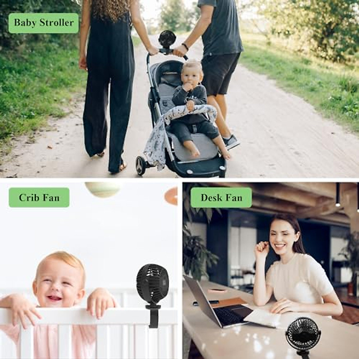 Minthouz Stroller Fan with Flexible Strap, 2000mAh Rechargeable Portable Fan 3 Speeds Personal Fan USB Mini Cooling Fan for Baby/Stroller/Car Seat/Bike -Black