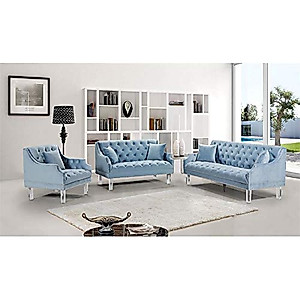 Meridian Furniture Roxy Collection Modern | Contemporary Velvet Upholstered Loveseat Sofa with Luxurious Deep Tufting, Nailhead Trim and Acrylic Legs, Sky blue
