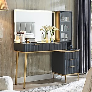 T4TREAM Fluted Makeup Vanity Desk with 36" HD Lighted Mirror, 48" Big Modern Vanity Desk with Mirror and Lights, Dressing Table with 5 Drawers & Shelves, Glass Top for Bedroom, Dark Grey