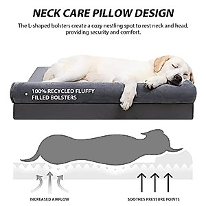 KSIIA Orthopedic Dog Bed Waterproof Dog Beds for Large Dogs Flannel Bolster Dog Couch Bed with Egg Crate Foam Removable Washable Cover & Nonskid Bottom, 36 x 27 Inch, Gray