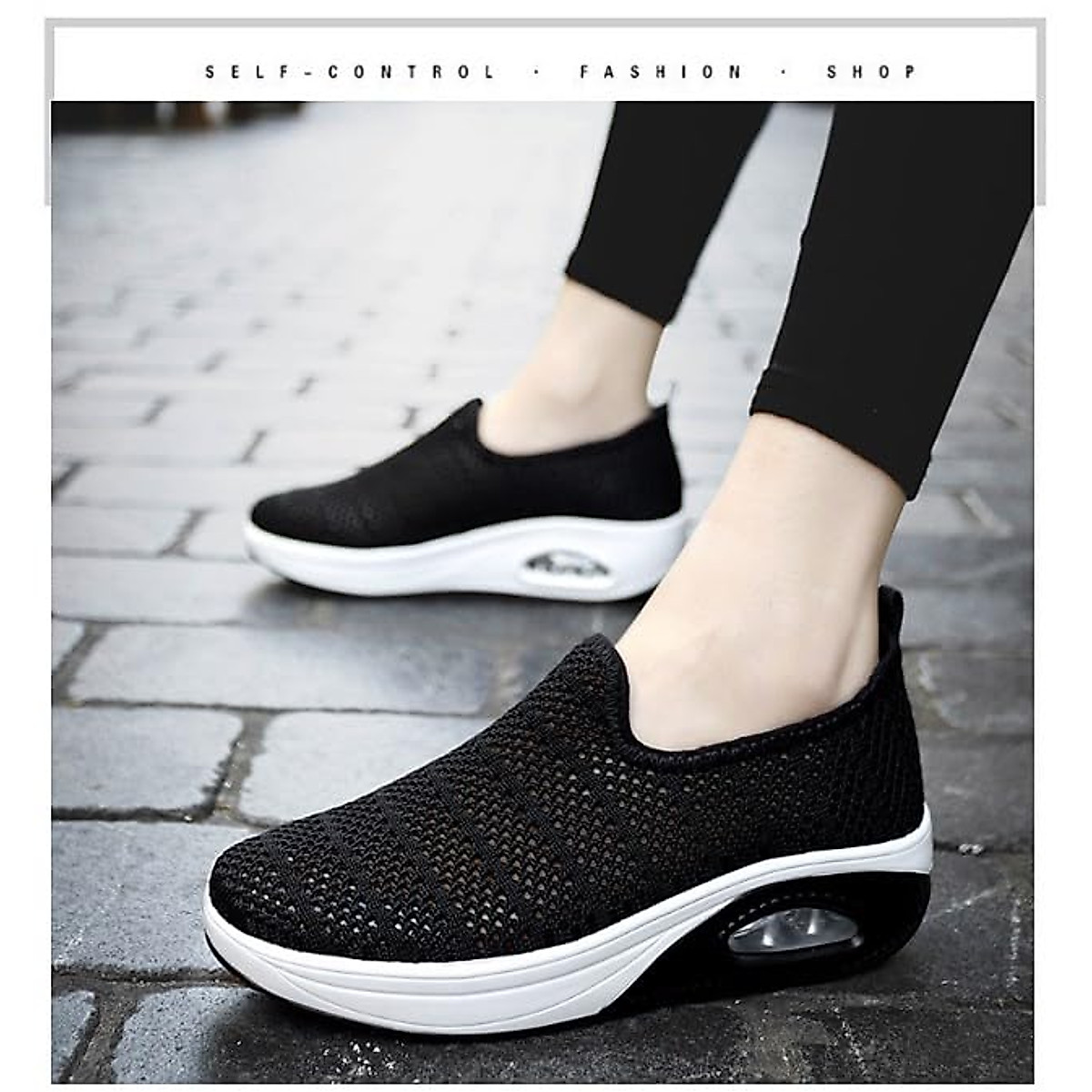 Cubicbee Women's Platform Walking Shoes Breathable Mesh Air Cushion Sneakers,Orthopedic Diabetic Walking Shoes,Casual Comfort Slip-On Beach Shoes (Black-1,9)