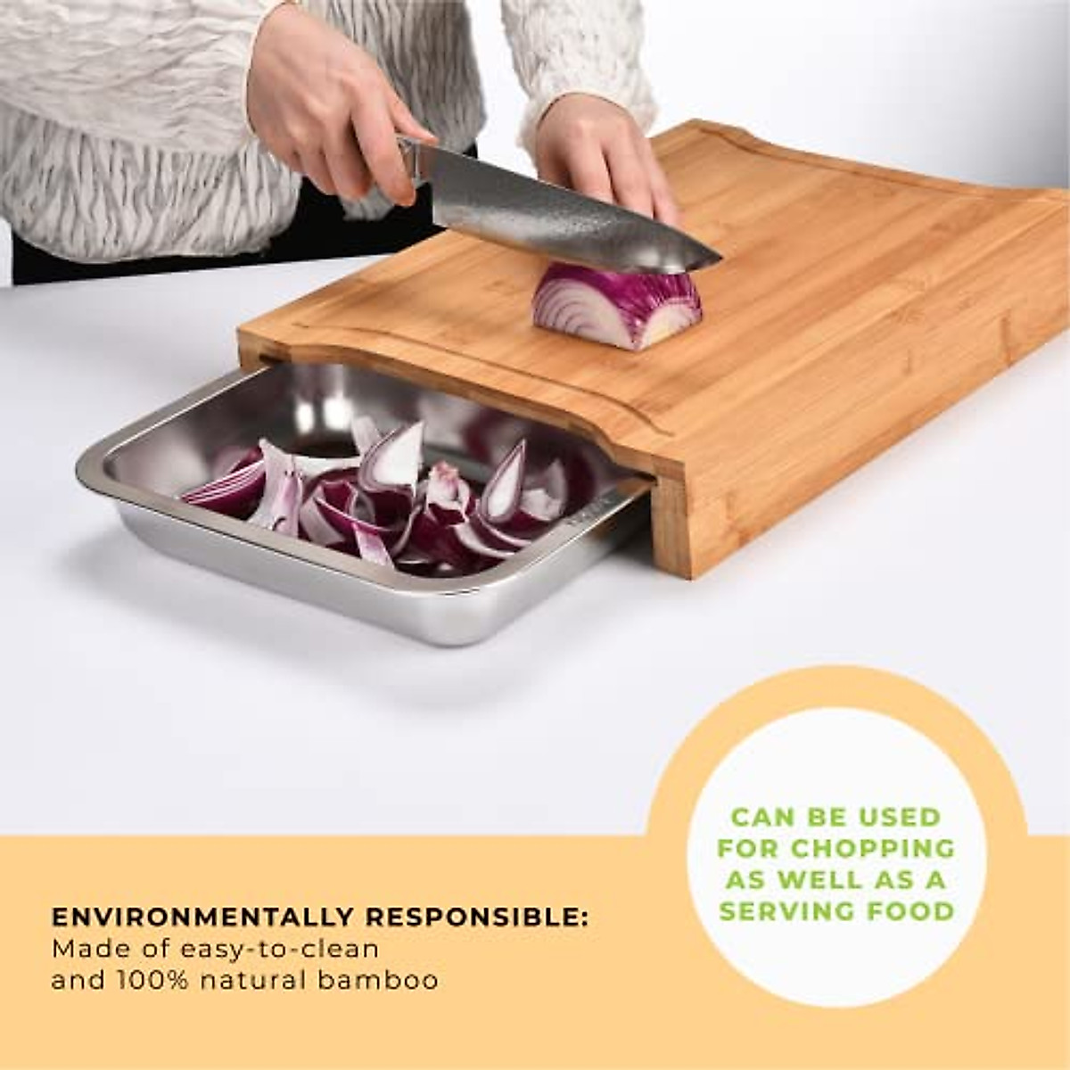 Prosumer's Choice Non-slip Bamboo Cutting Board With Built-In Containers and Storage - Chopping Board with Tray Board- Heavy Duty Wooden Cut Board - for Veggies, Fruits, MeatsPros
