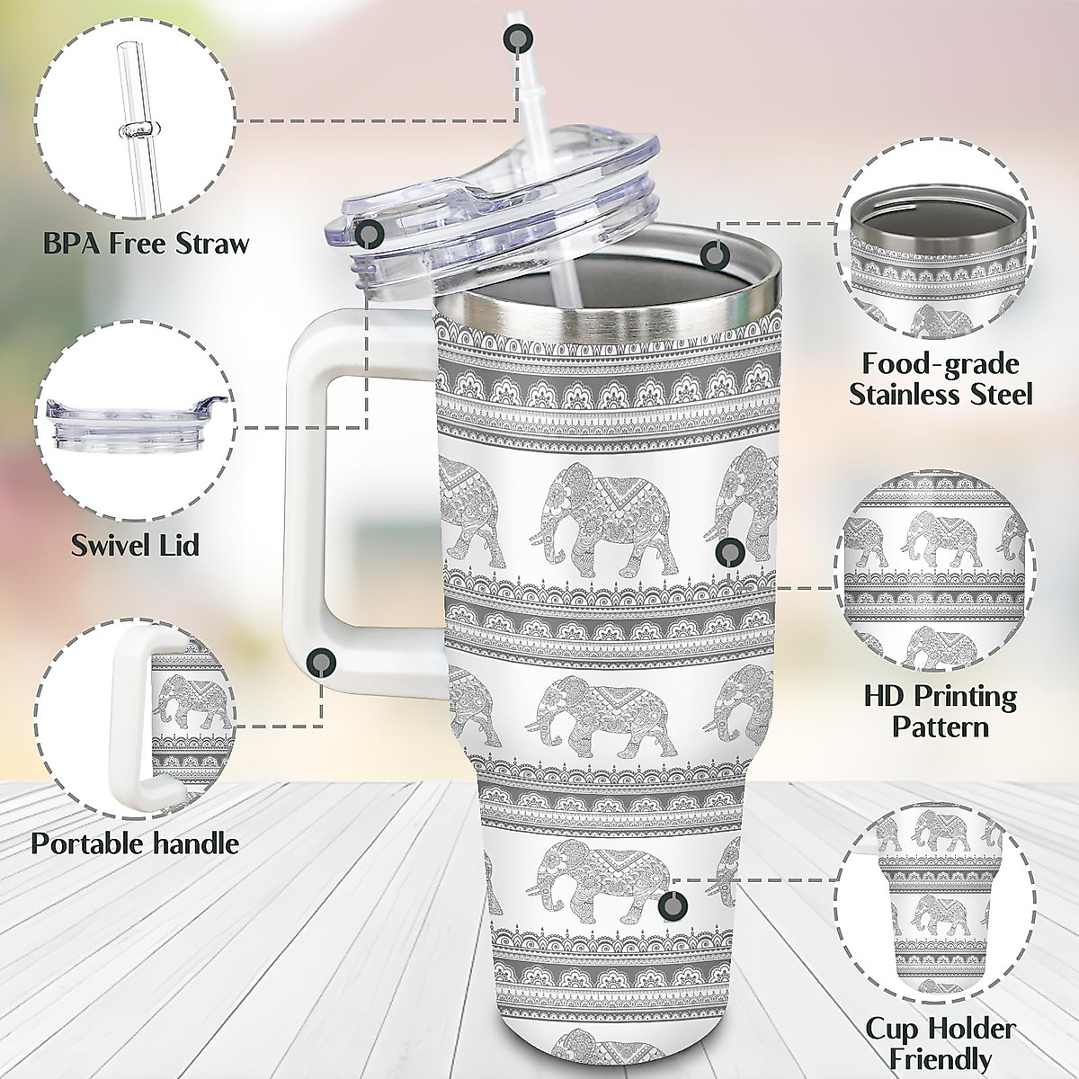 40 oz Elephant Tumbler with Handle and Straw, Gray Mandala Floral Stainless Steel Vacuum Insulated Travel Coffee Mug Cup Water Bottle, Grey Elephant Stuff Accessories Decor Gifts for Women Girls