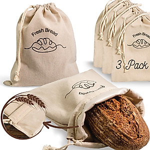 Simply H&K Linen Bread Bags [Pack of 3] with Inner Lining - Keeps Homemade Bread Fresh & Secure - Perfect for Sourdough & Gift Giving - Set of Reusable Bread Bags
