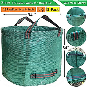 Professional 3-Pack 137 Gallon Lawn Garden Bags (D34, H34 inches) Big Yard Waste Bags with Garden Gloves, Extra Large Reusable Leaf Bags,Garden Clippings Bags,Leaf Containers,Yard Trash Bags 4 Handles