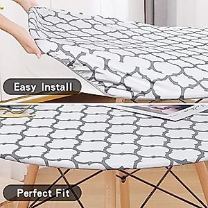 smiry Round Tablecloth, Waterproof Elastic Fitted Table Covers for 36" - 44" Tables, Wipeable Flannel Backed Vinyl Tablecloths for Picnic, Camping, Dining, Indoor and Outdoor, White Morocco