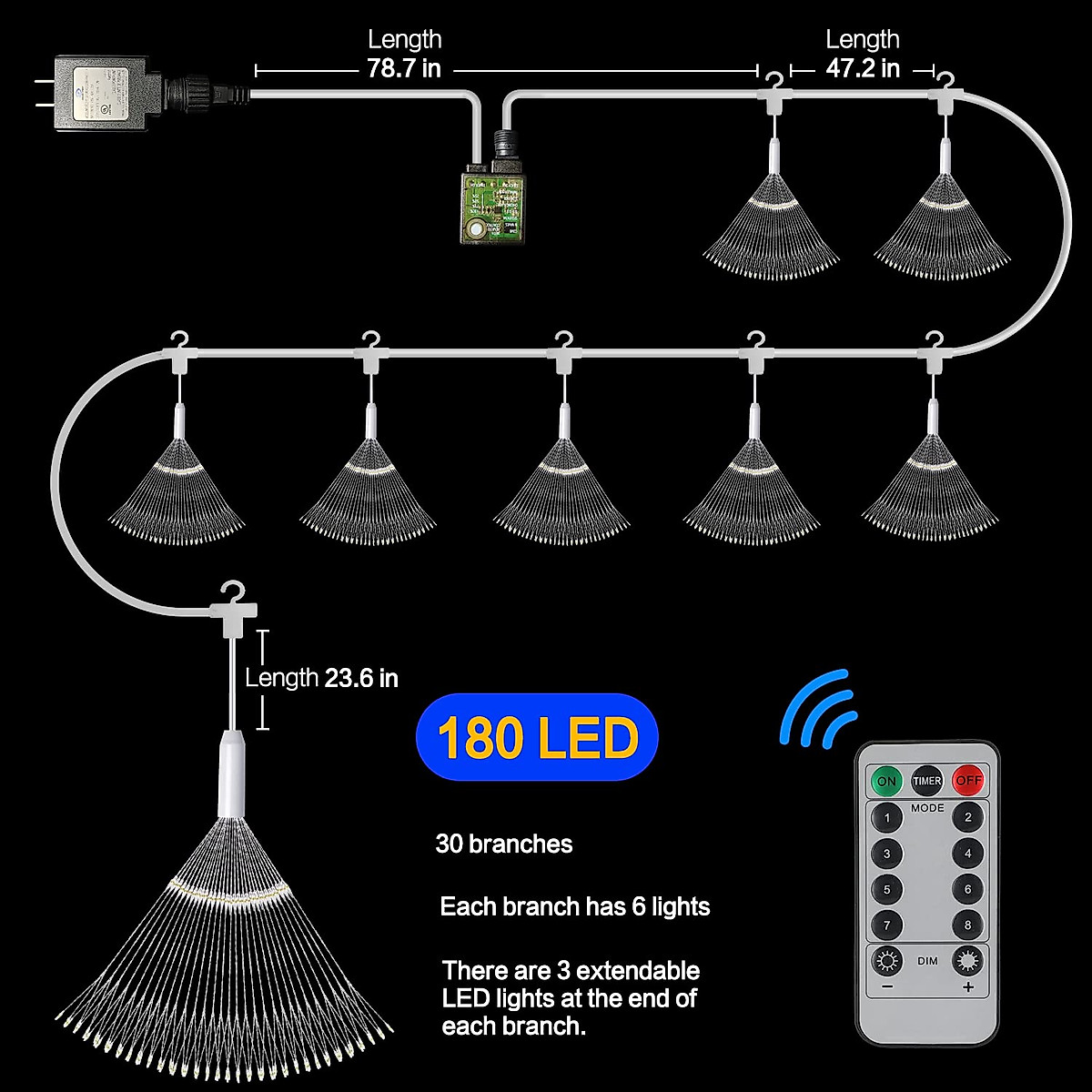 Homesprit 8 Pack Firework Lights 180 Led Copper Wire with 8 Models Power Supply Remote Control Waterproof Outdoor Hanging for Decor Garden Party Christmas
