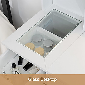 Vanity Desk with Mirror and Lights 45.3“W Makeup Desk with Drawers and Cabinet Vanity Table with Led Light Big Makeup Table with Charging Station Dressing Table with Glass Top for Bedroom White