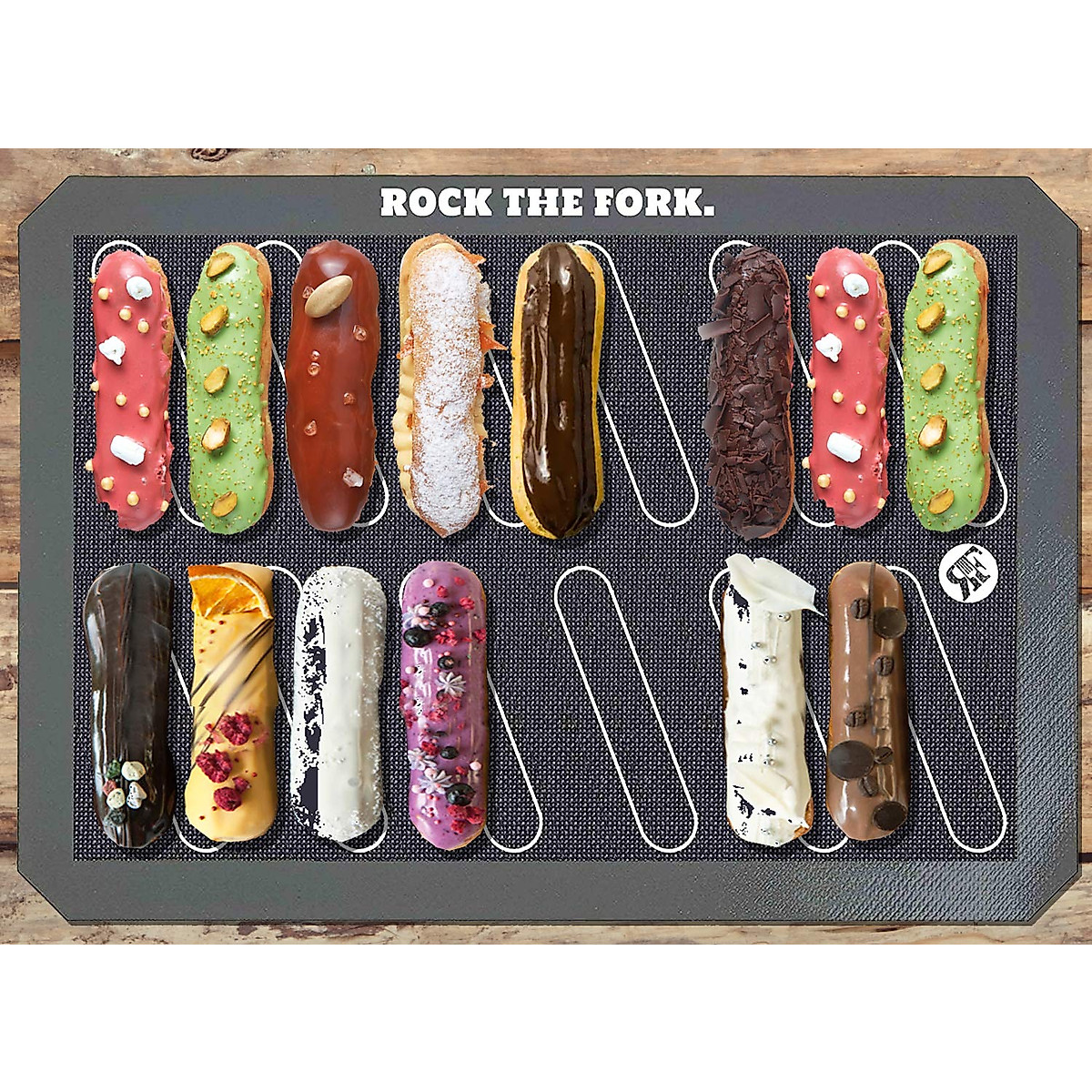 Rock the Fork - Baking Mats - Eclair Template (4-pack) Non-Stick Silicone. These Eclair Mats are Designed for Style & Function. 11 5/8" x 16 1/2" Size.