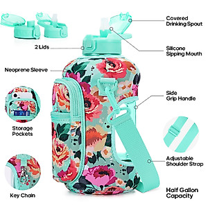 Gedux Half Gallon Water Bottle with Storage Sleeve, 74oz Large Water Bottle with 2 Lids(Straw Lid and Chug Lid), Big Sports Water Jug for Gym with Strap, BPA-Free Drink Container with Handle