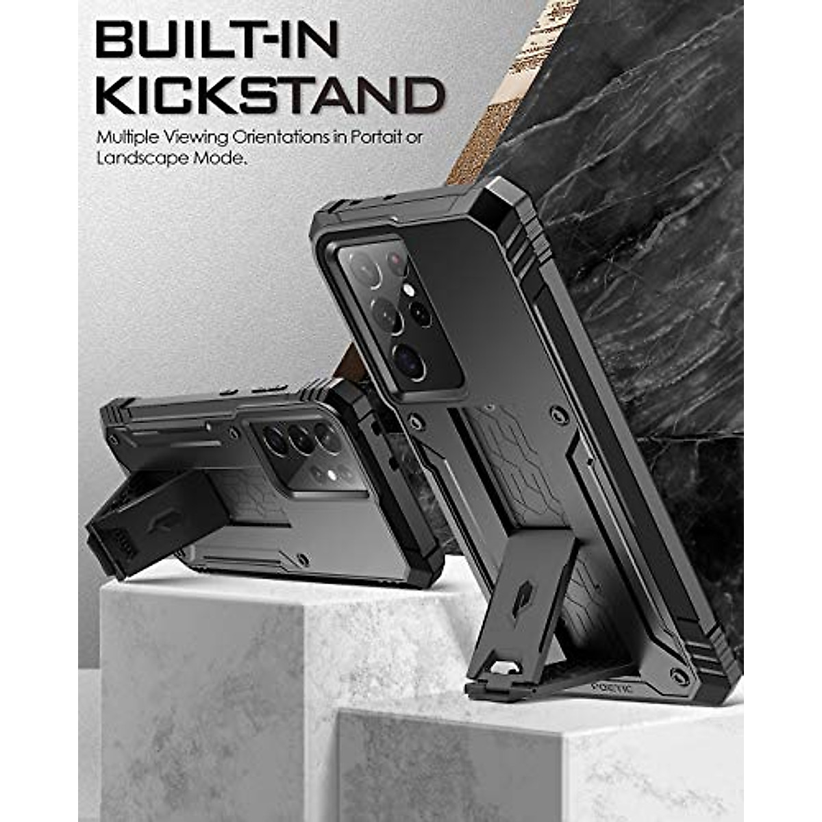 Poetic Revolution Case for Samsung Galaxy S21 Ultra 5G 6.8 inch, Built-in Screen Protector Work with Fingerprint ID, Full Body Rugged Shockproof Protective Cover Case with Kickstand, Black