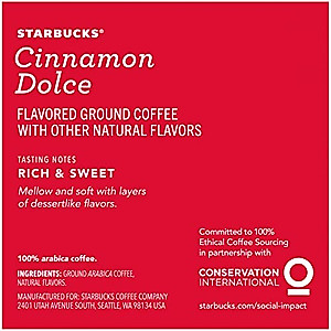 Starbucks Flavored Ground Coffee K-Cup Pods, Cinnamon Dolce, Flavored Ground Coffee Signature Collection, Recyclable K-Cups, 10 K-Cup Pods/Box (Pack of 2 Boxes)