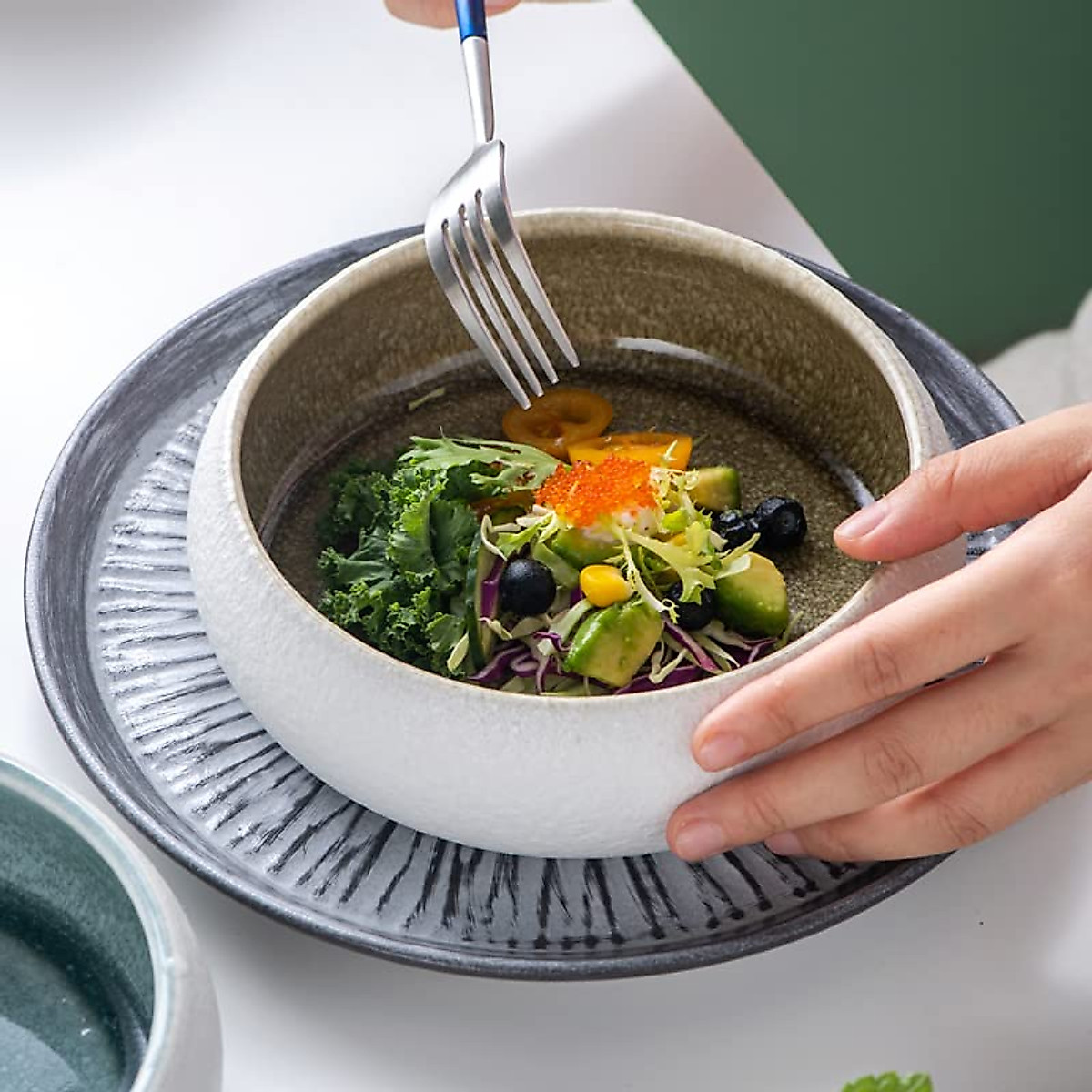 Uaral Salad Bowl Large Serving Bowl 18 Ounce Appetizer Bowls 6.5inch Ceramic Shallow Bowl Set of 4, (White Texture&Green)