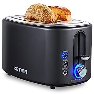 Toaster 2 Slice KETIAN Retro Bagel Toaster 1.5’’ Extra Wide Slot, 6 Toast Settings Cancel Reheat Bagel Defrost Functions, Removable Crumb Tray, 800W, Black