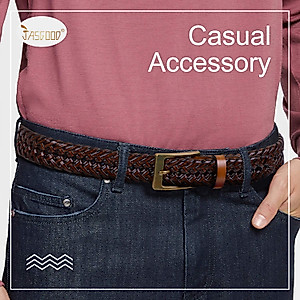 JASGOOD Men's Braided Leather Belt, Braided Woven Belt for Men Casual Jeans with Solid Strap Single Prong Buckle (B-Brown,Suit for Pant Size 38-42 inch)