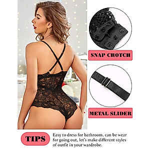 Avidlove Button Crotch Lingerie Women Deep V Lace Teddy Bodysuit One Piece Babydoll(Black,S)
