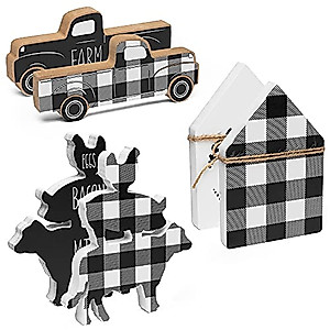 R HORSE 3Pcs Wooden Farmhouse Buffalo Plaid Tiered Tray Decoration Black& White Plaid Rustic Farmhouse Tray Sign Double Printed Farmhouse Shelf Buffalo Plaid Decor for Christmas New Year Photo Prop