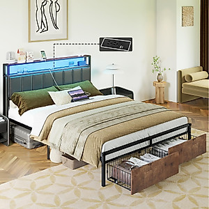 amerlife LED Bed Frame with Drawers, Queen Platform Bed Frame with 2-Tier Storage & Leather Upholstered & Charging Station Headboard, No Box Spring Needed, Easy Assembly, Noise Free, Rustic Brown