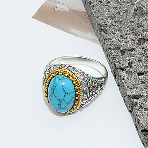 Retro Simulated Oval Turquoise Statement Ring Uniquely Stylish Gothic Hip Hop Punk Promise Crystal Cocktail Ring Party Jewelry Gifts for Women Gold Silver Two Tone