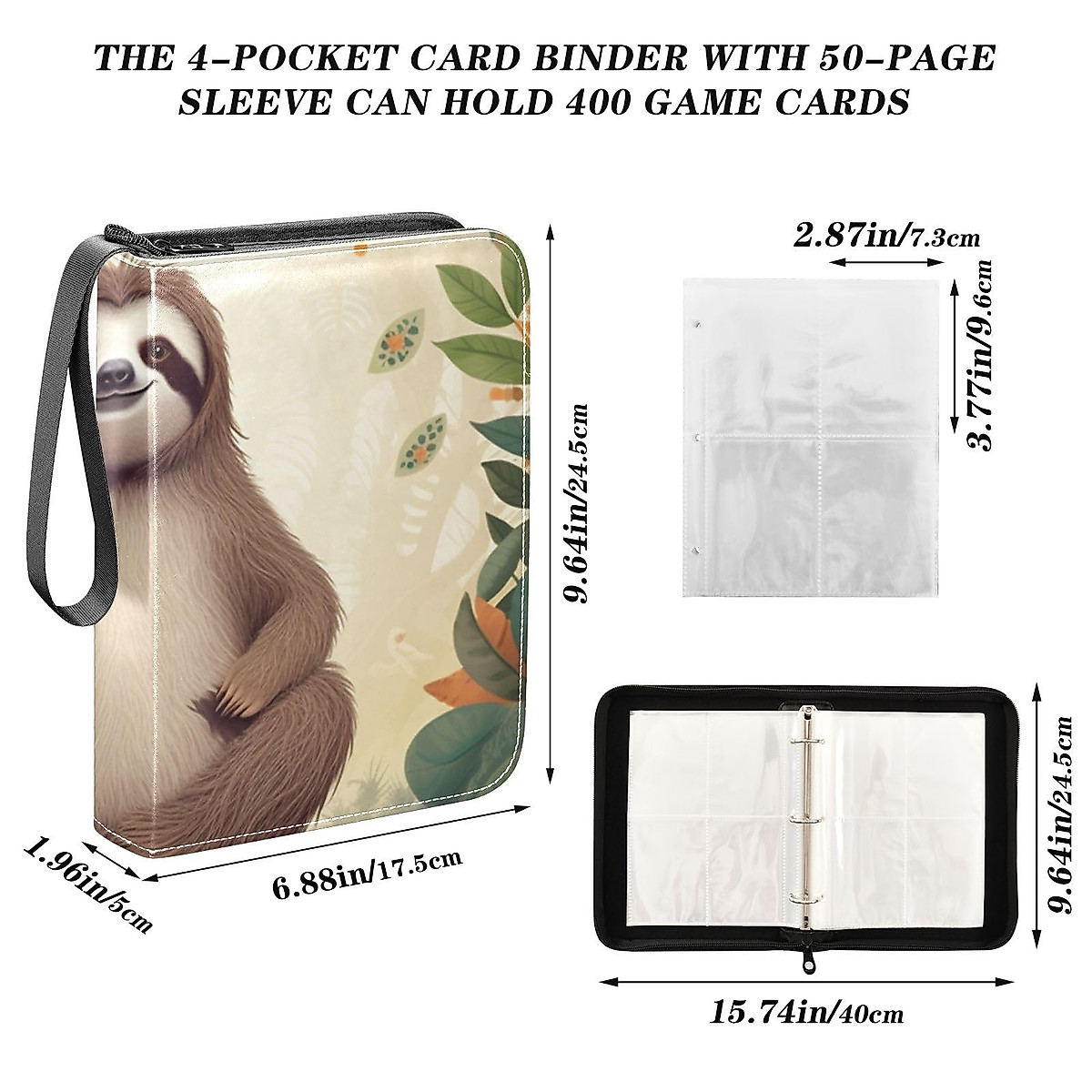 PYBUG Cute Sloth Trading Card Binder with Nylon Strap 4-Pocket Waterproof PU Leather Card Collection Binder for 400 Cards Sturdy Card Holder Folders for Game Cards,Sports Cards