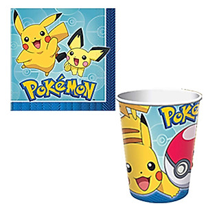 Classic Pokemon Birthday Party Supplies Pack for 16 with Plates, Napkins, Cups, Table Cover, Candles, and Pin