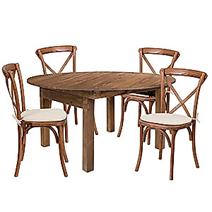 Flash Furniture HERCULES Series 60" Round Solid Pine Folding Farm Dining Table Set with 4 Cross Back Chairs and Cushions