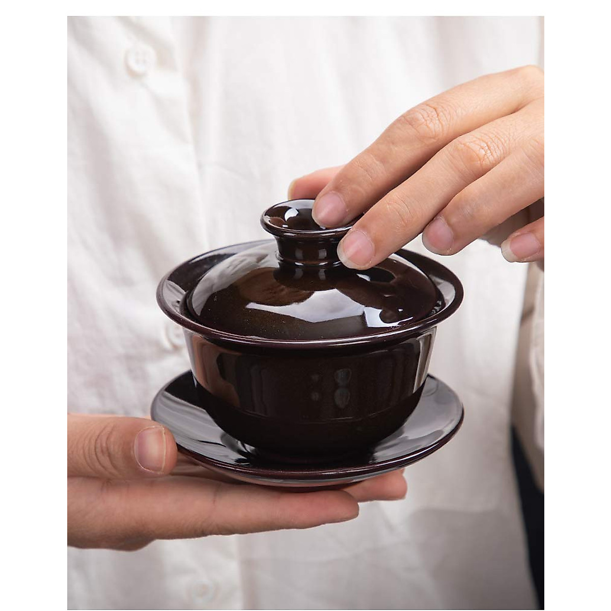 Sizikato Kiln Glazed Ceramic Gaiwan Teacup Kung Fu Tea Cup and Saucer with Lid. 5 Oz