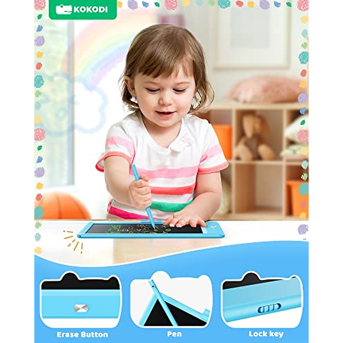 KOKODI LCD Writing Tablet 8.5-Inch Colorful Doodle Board, Electronic Drawing Tablet Drawing Pad for Kids, Educational and Learning Kids Toys Gifts for 3 4 5 6 7 Year Old Boys and Girls(Blue)