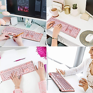 CHICHEN Retro Steampunk Typewriter-Style Gaming Keyboard, Blue Switches,Pure White Backlight, USB Wired, for PC Laptop Desktop, Stylish Pink Mechanical Keyboard Round Keycaps