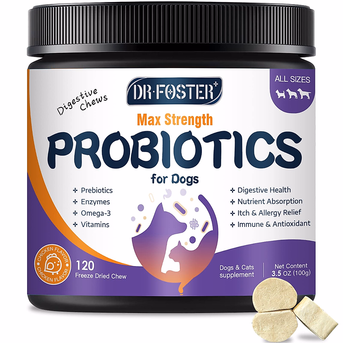 Probiotics for Dogs, Freeze-Dried Dog Probiotics and Digestive Enzymes, Plus Omega-3 for Itchy Skin, 3-in-1 Prebiotics for Digestive Health, Dog Vitamins and Supplements for Immune Health, 117 Bites