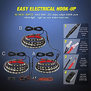 Nilight 3PCS 60 Inch Bed Light Strip 270 LED with On/Off Switch Blade Fuse Splitter Extension Cable for Cargo Pickup Truck SUV RV Boat