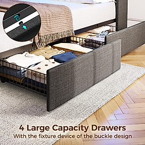 Rolanstar Queen Size Bed Frame with LED Lights and Charging Station, Upholstered Bed Storage Headboard & Drawers, Heavy Duty Wood Slats, Easy Assembly