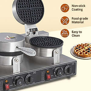 PioneerWorks Commercial Waffle Maker 2600W, Round Waffle Iron, Non-Stick Rotatable Waffle Baker Machine, Stainless Steel Round Commercial Waffle Maker for Restaurant, 50°C-300°C Temp Range, 110V