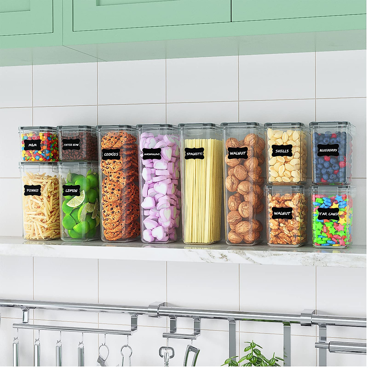 Tiawudi Airtight Food Storage Containers, 16pcs Plastic Containers for Kitchen Organization, Pantry Organization and Storage, Ideal for Spaghetti, Cereal, Flour & Sugar, with Labels and Spoon Set