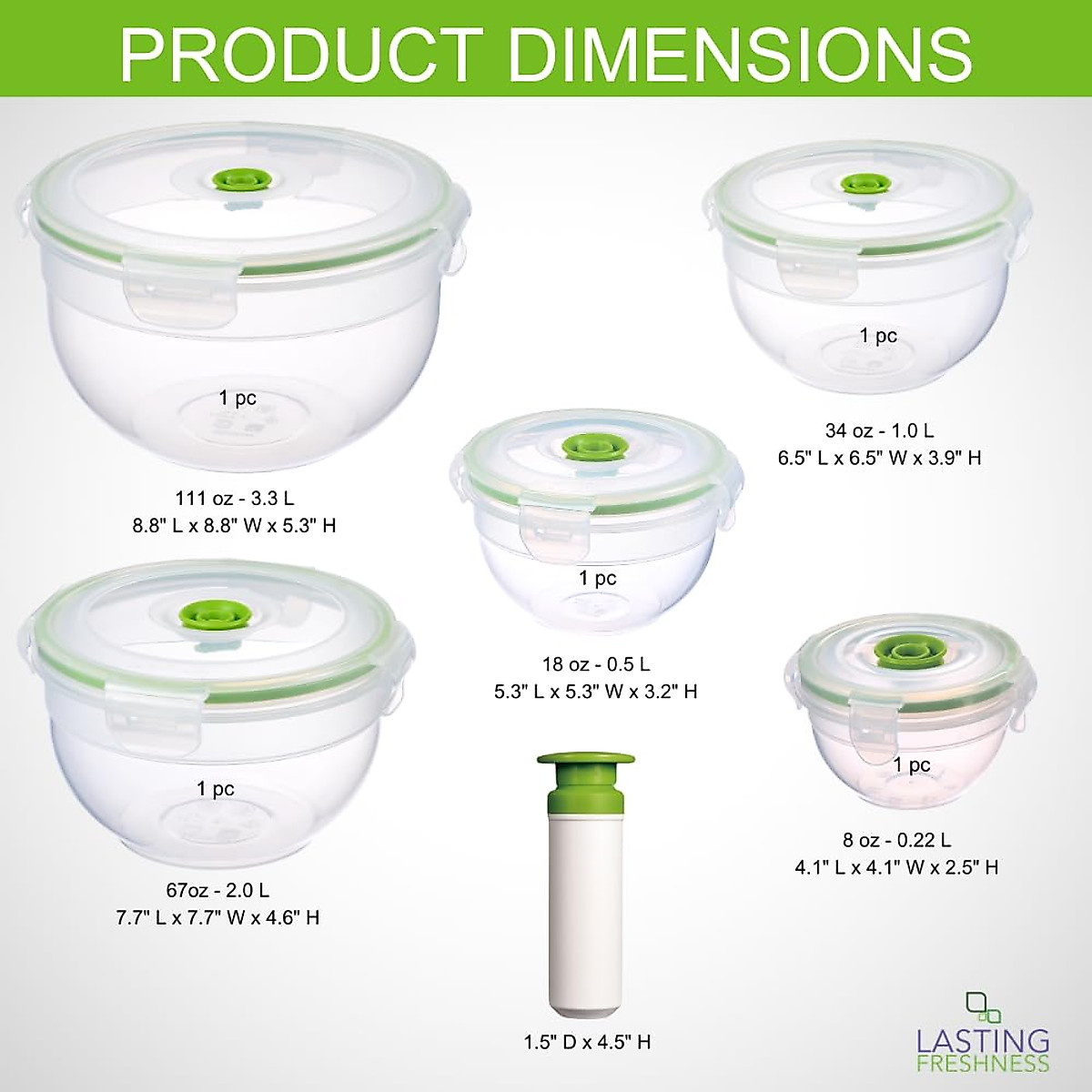 Lasting Freshness 9 piece Vacuum Seal Food Storage Containers with Vacuum Pump, Airtight and Leak Proof, Vacuum Sealed Food Storage Containers, Meal Prep Containers, Keep Food Fresh up to 5 X Longer
