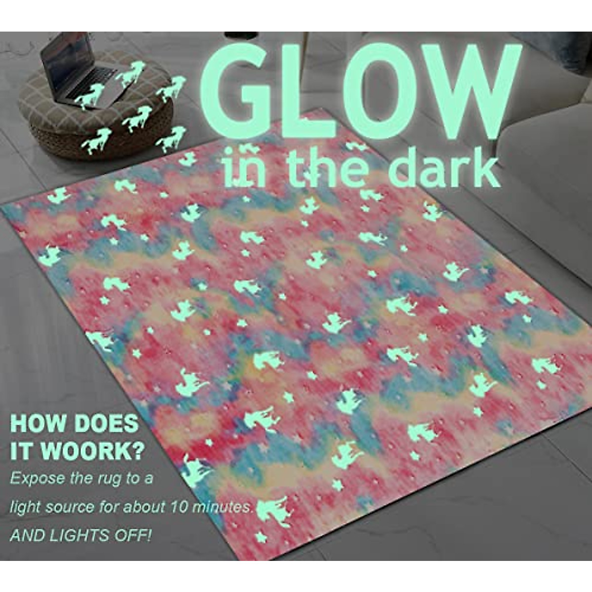 QH Rainbow Unicorn Pattern Glow in The Dark Area Rug Area Rug for Living Room Bedroom Playing Room 5'x6'